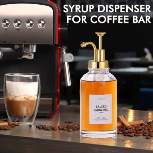 YTCYKJ Syrup Dispenser, Glass Syrup Dispenser with Stainless Steel Pump and Wooden Tray, Coffee bar Syrup Dispenser, 17oz, Set of 4, Syrup Dispenser Bottle Set(Silver＆Golden)