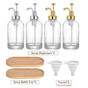 YTCYKJ Syrup Dispenser, Glass Syrup Dispenser with Stainless Steel Pump and Wooden Tray, Coffee bar Syrup Dispenser, 17oz, Set of 4, Syrup Dispenser Bottle Set(Silver＆Golden)