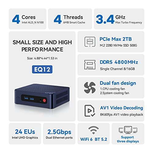 Beelink Mini PC Intel 12th EQ12 Triple Displays HDMI x2 +Typr-C, Dual 2.5Gbps Net-Ports Mini Computers, 16GB Sigle DDR5 RAM, PCIe x1 500GB M.2 2280 SSD, Wi-Fi6, BT5.2, OpenWrt