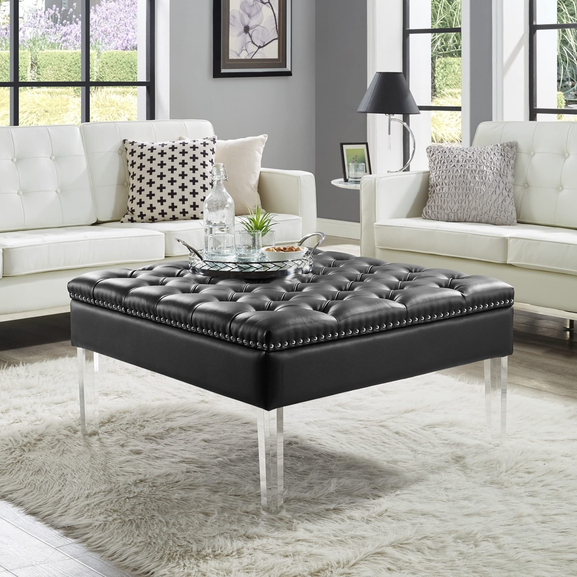 Inspired Home Vivian Leather Oversized Button-Tufted Ottoman Coffee Table Espresso