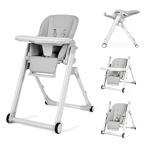 High Chair for Babies & Toddlers, Foldable Highchair with 8 Different Heights, 5 Reclining Seat Position and 3-Setting Footrest, Detachable Trays & Seat Cushion, 4 Wheels with Locks, Installation-Free