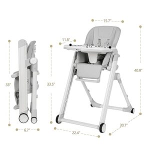 High Chair for Babies & Toddlers, Foldable Highchair with 8 Different Heights, 5 Reclining Seat Position and 3-Setting Footrest, Detachable Trays & Seat Cushion, 4 Wheels with Locks, Installation-Free