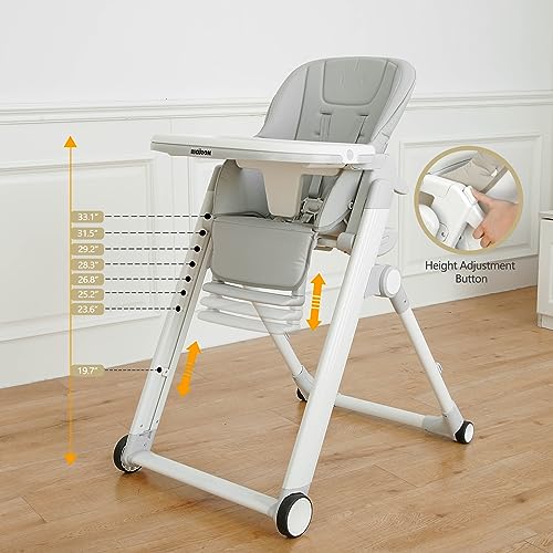 High Chair for Babies & Toddlers, Foldable Highchair with 8 Different Heights, 5 Reclining Seat Position and 3-Setting Footrest, Detachable Trays & Seat Cushion, 4 Wheels with Locks, Installation-Free