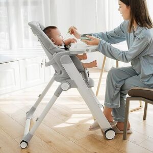 High Chair for Babies & Toddlers, Foldable Highchair with 8 Different Heights, 5 Reclining Seat Position and 3-Setting Footrest, Detachable Trays & Seat Cushion, 4 Wheels with Locks, Installation-Free