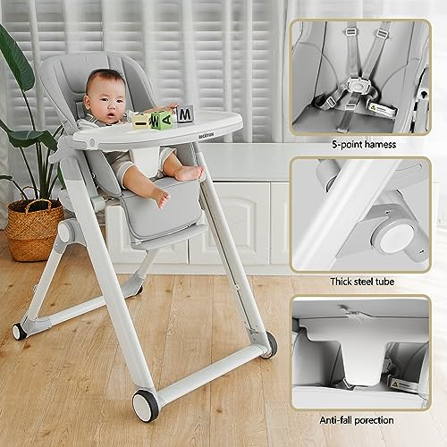 High Chair for Babies & Toddlers, Foldable Highchair with 8 Different Heights, 5 Reclining Seat Position and 3-Setting Footrest, Detachable Trays & Seat Cushion, 4 Wheels with Locks, Installation-Free