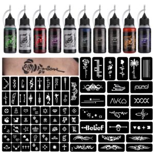 stigma temporary tattoo kit 10 bottles color inks, 84 pcs stencils kit for body paint diy tattoos temp, diy fake tattoo for women kids (black*2, cyan, red, green, blue,purple,brown*2,orange)