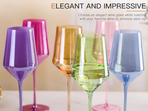 Colored Wine Glasses Set of 6-15oz Hand Blown Colorful Crystal Long Stem Wine Glasses, Unique Colored Glassware for Party,Home Bar