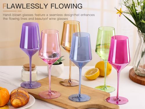 Colored Wine Glasses Set of 6-15oz Hand Blown Colorful Crystal Long Stem Wine Glasses, Unique Colored Glassware for Party,Home Bar