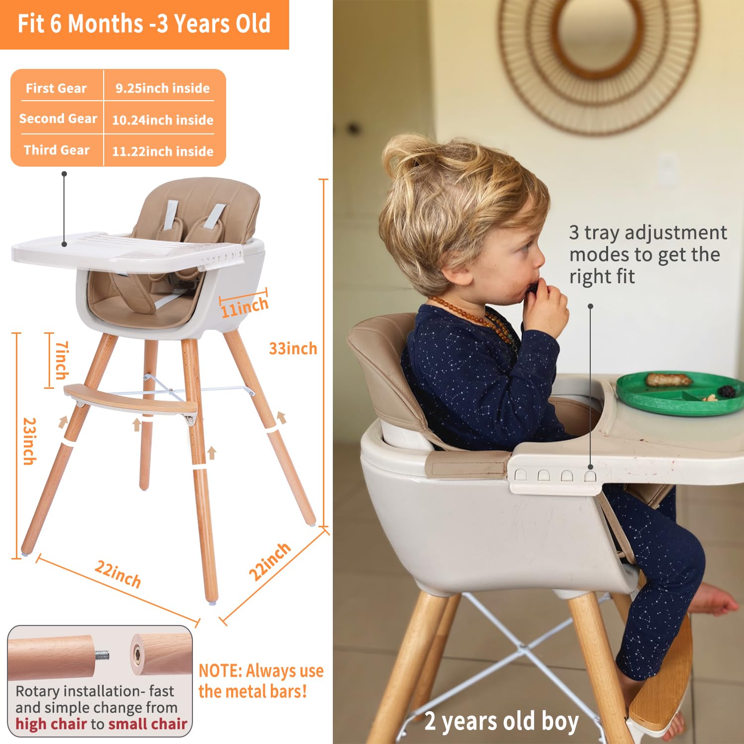 3-in-1 Convertible Wooden High Chair,Baby High Chair with Adjustable Legs & Dishwasher Safe Tray, Made of Sleek Hardwood & Premium Leatherette, Brown Color