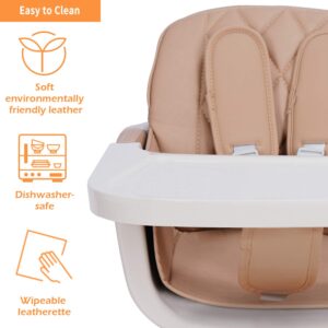 3-in-1 Convertible Wooden High Chair,Baby High Chair with Adjustable Legs & Dishwasher Safe Tray, Made of Sleek Hardwood & Premium Leatherette, Brown Color