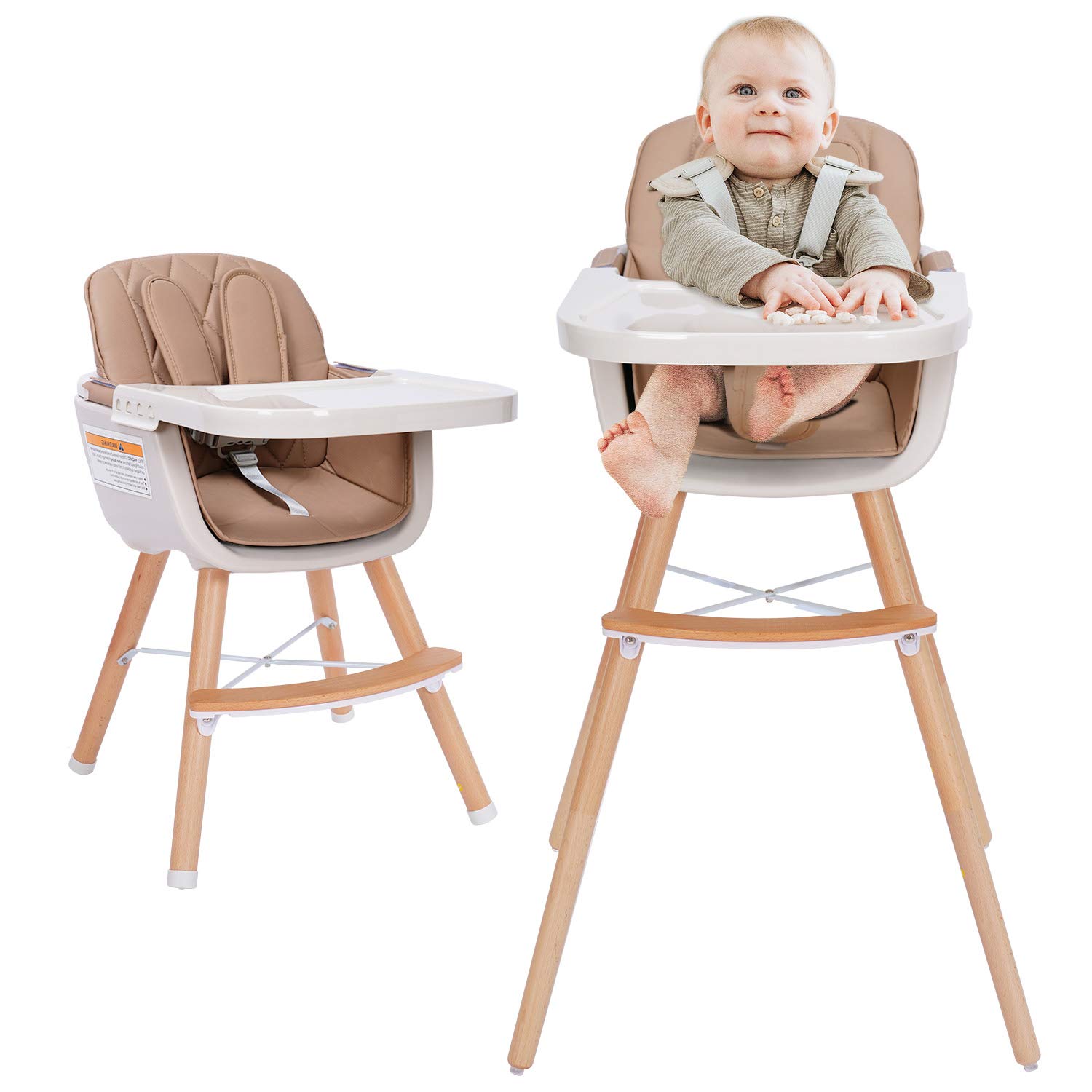 3-in-1 Convertible Wooden High Chair,Baby High Chair with Adjustable Legs & Dishwasher Safe Tray, Made of Sleek Hardwood & Premium Leatherette, Brown Color