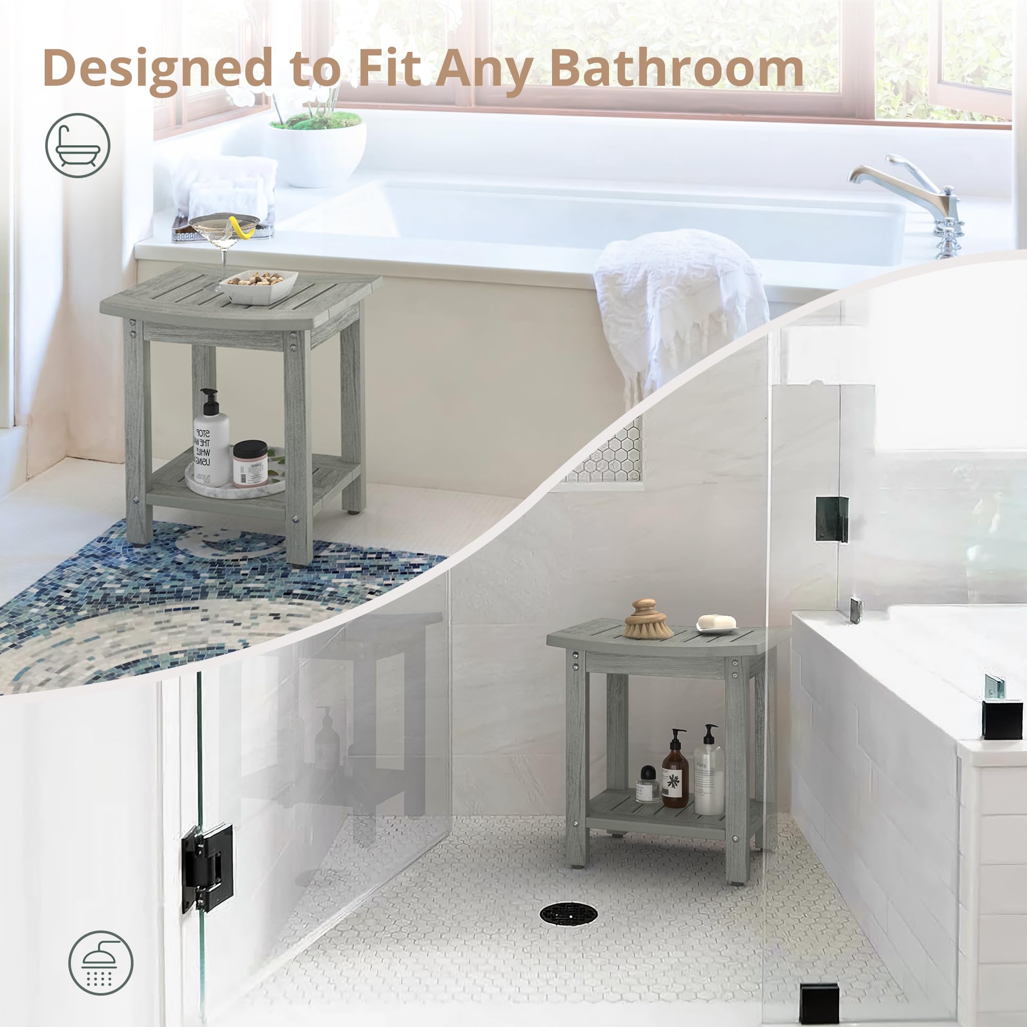 LUE BONA HDPS Shower Bench Seat, Gray Shower Stool for Inside Shower Waterproof, Bath Spa Shower Foot Stool for Shaving Legs with Storage Shelf, Weather Resistant/Non-Slip/Indoor or Outdoor Use