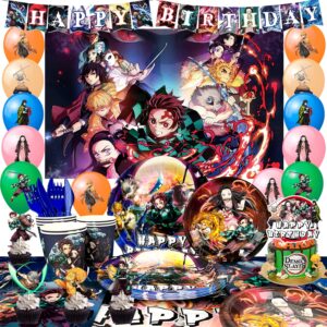 demon slayer birthday decorations,112pcs demon slayer party decorations&tableware set-demon slayer birthday banner balloons cake topper backdrop plates cups tablecloth etc demon slayer party supplies