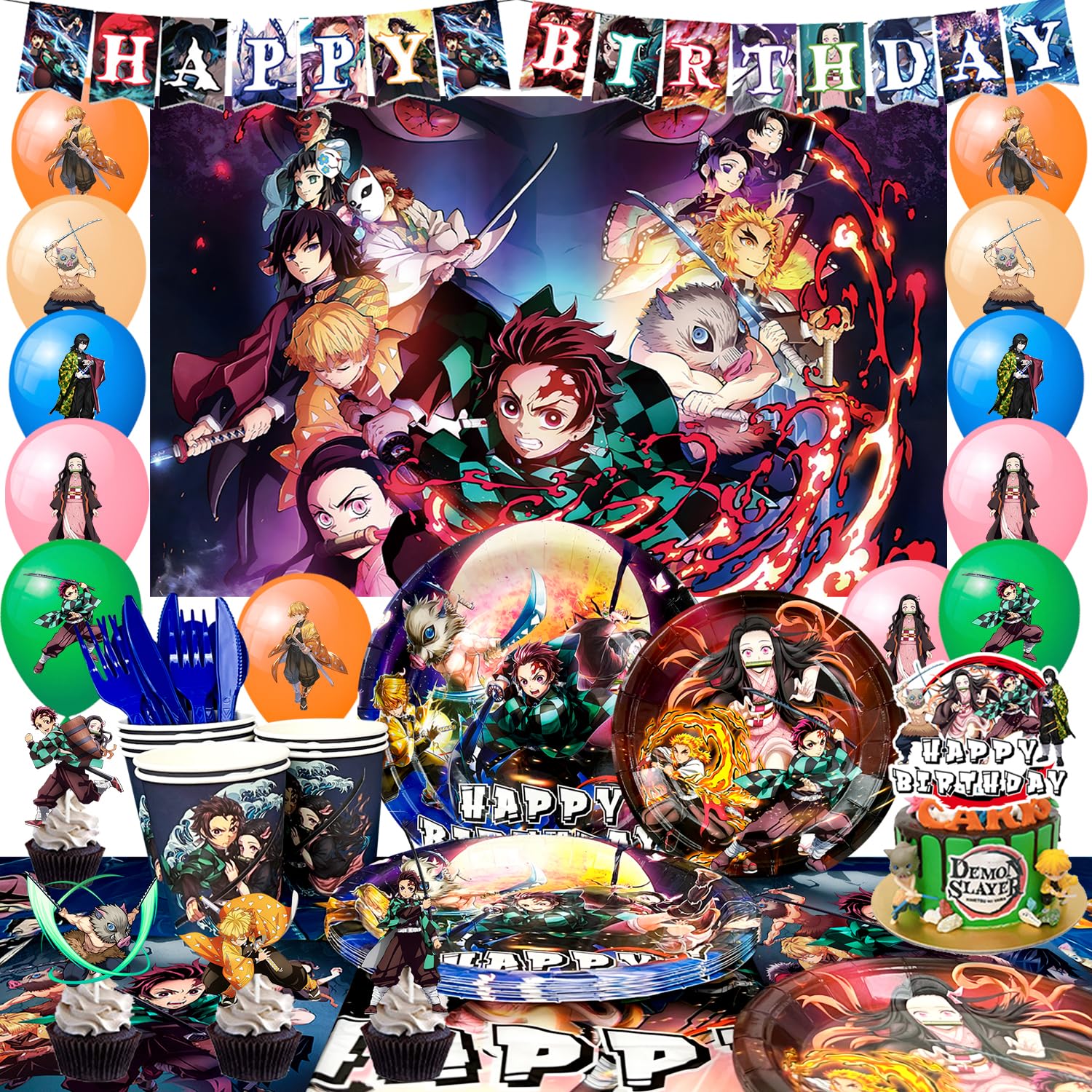 Demon Slayer Birthday Decorations,112pcs Demon Slayer Party Decorations&Tableware Set-Demon Slayer Birthday Banner Balloons Cake Topper Backdrop Plates Cups Tablecloth etc Demon Slayer Party Supplies