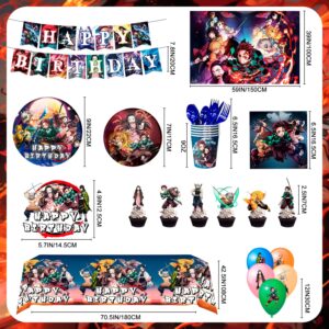 Demon Slayer Birthday Decorations,112pcs Demon Slayer Party Decorations&Tableware Set-Demon Slayer Birthday Banner Balloons Cake Topper Backdrop Plates Cups Tablecloth etc Demon Slayer Party Supplies