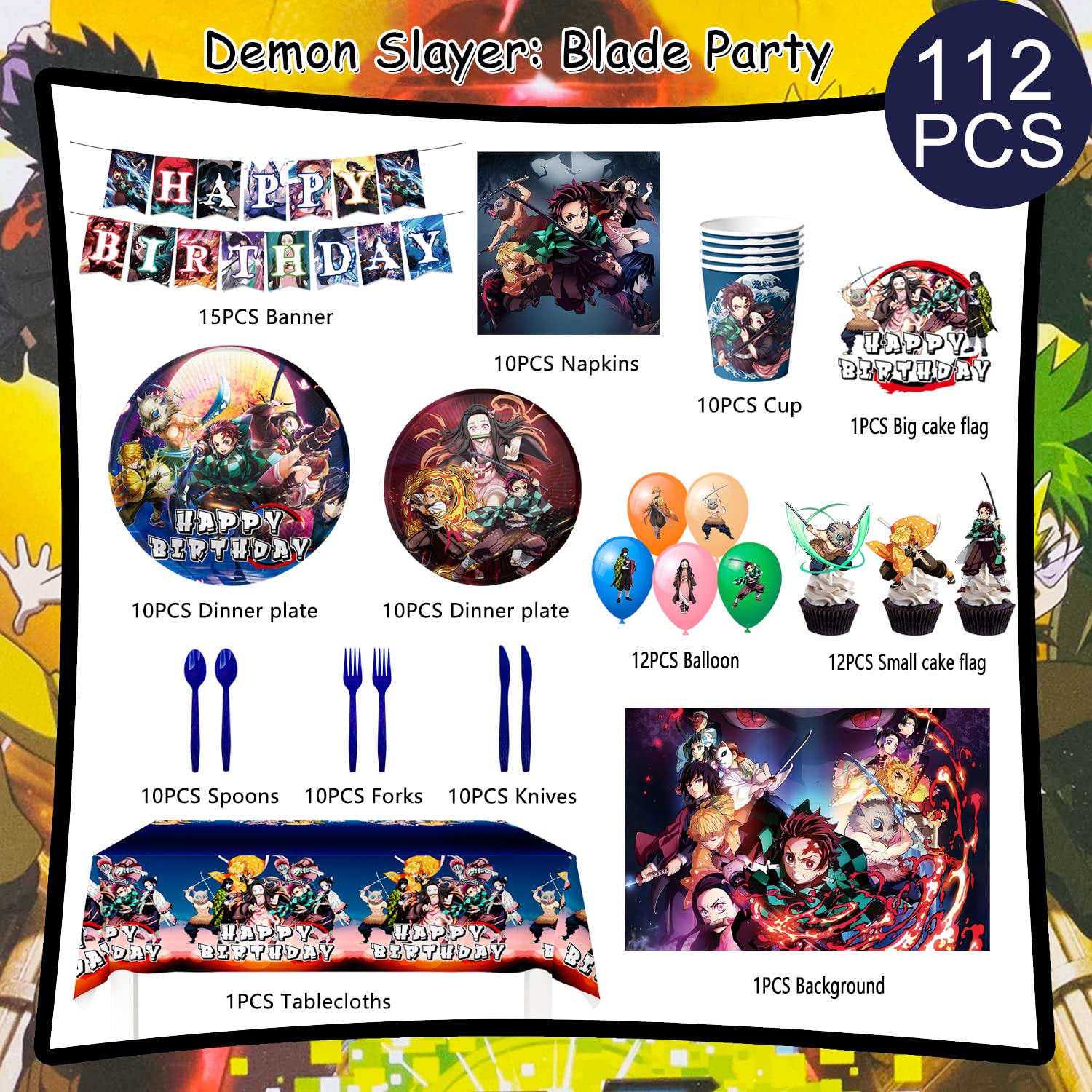 Demon Slayer Birthday Decorations,112pcs Demon Slayer Party Decorations&Tableware Set-Demon Slayer Birthday Banner Balloons Cake Topper Backdrop Plates Cups Tablecloth etc Demon Slayer Party Supplies