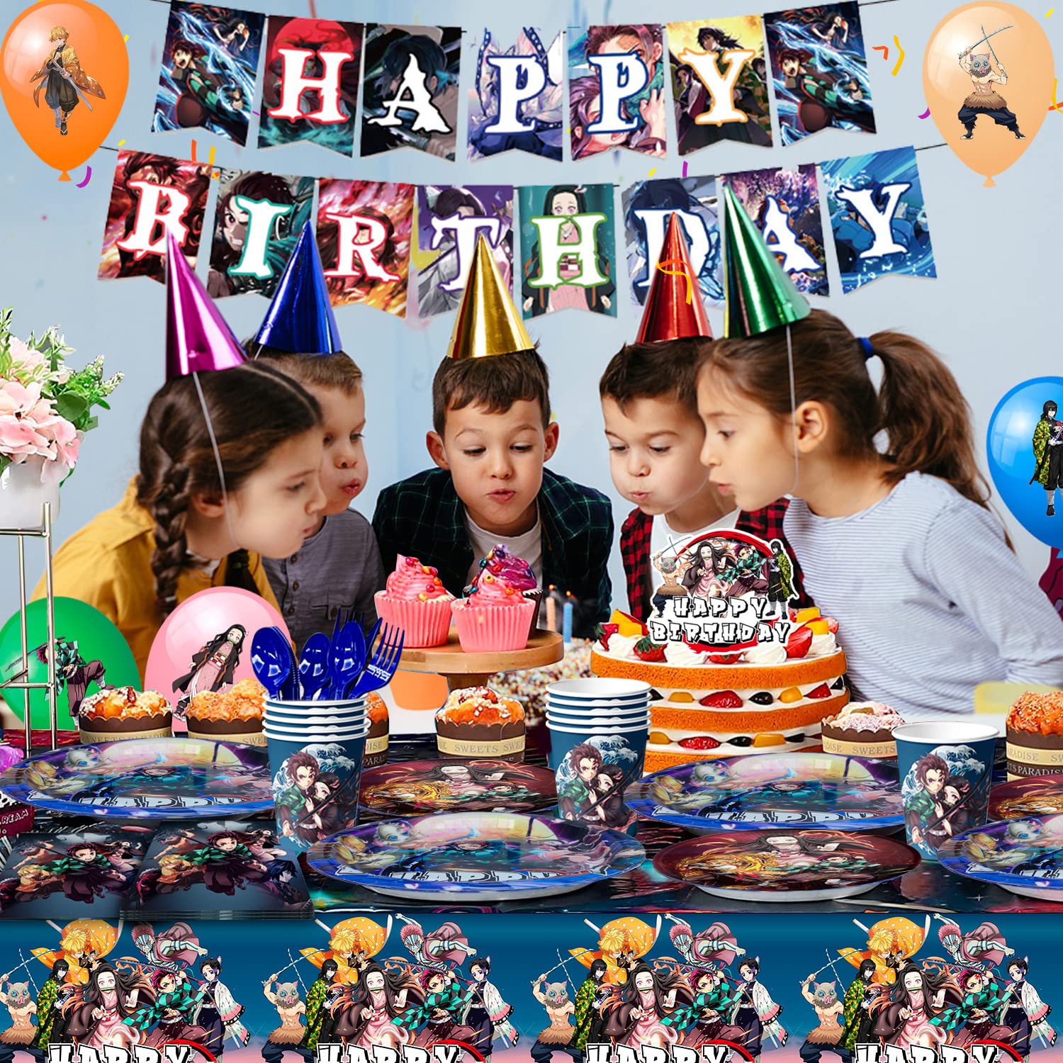 Demon Slayer Birthday Decorations,112pcs Demon Slayer Party Decorations&Tableware Set-Demon Slayer Birthday Banner Balloons Cake Topper Backdrop Plates Cups Tablecloth etc Demon Slayer Party Supplies