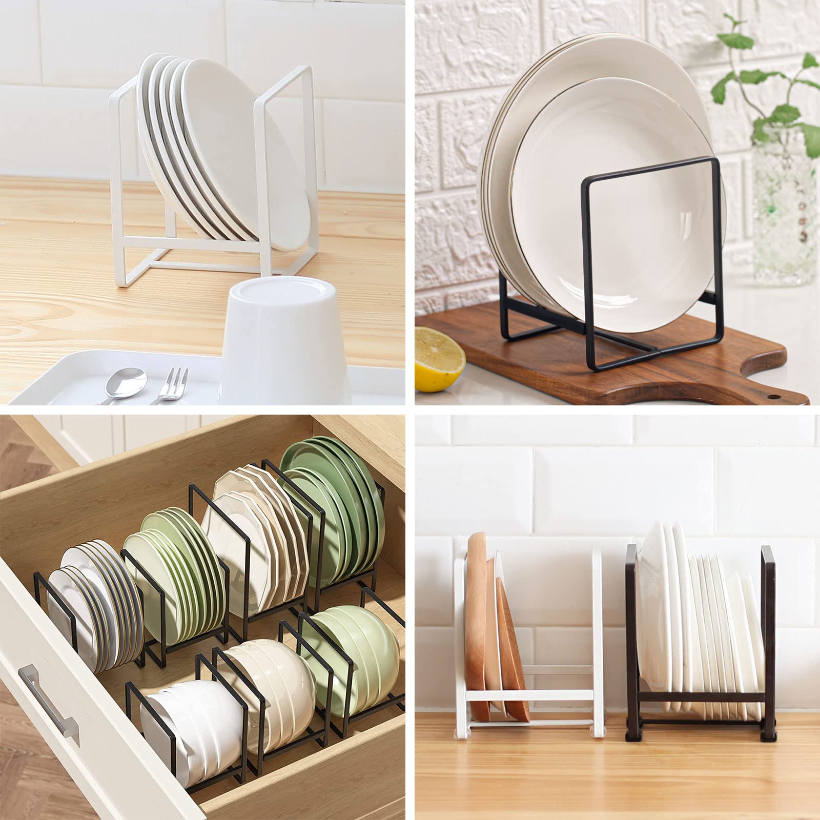 Fourmor 4 Pack Large Plate Holders Organizers - Upright Cabinet Dish Drying Racks Metal Plate Dish Organizers Racks Stands for Countertop and Cupboard