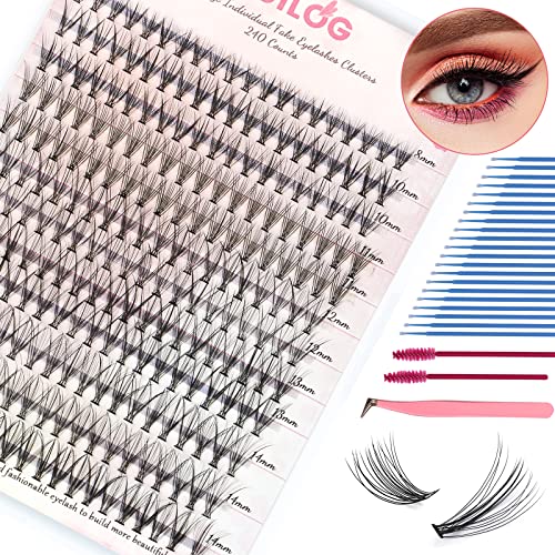 Cluster Lashes BUILOG Individual Eyelash Clusters 240Pcs 20D, False Eyelash DIY Lash Clusters Extension with Tweezer, Microbrush Stick, Mascara Wands Brush (Mix10-14mm)