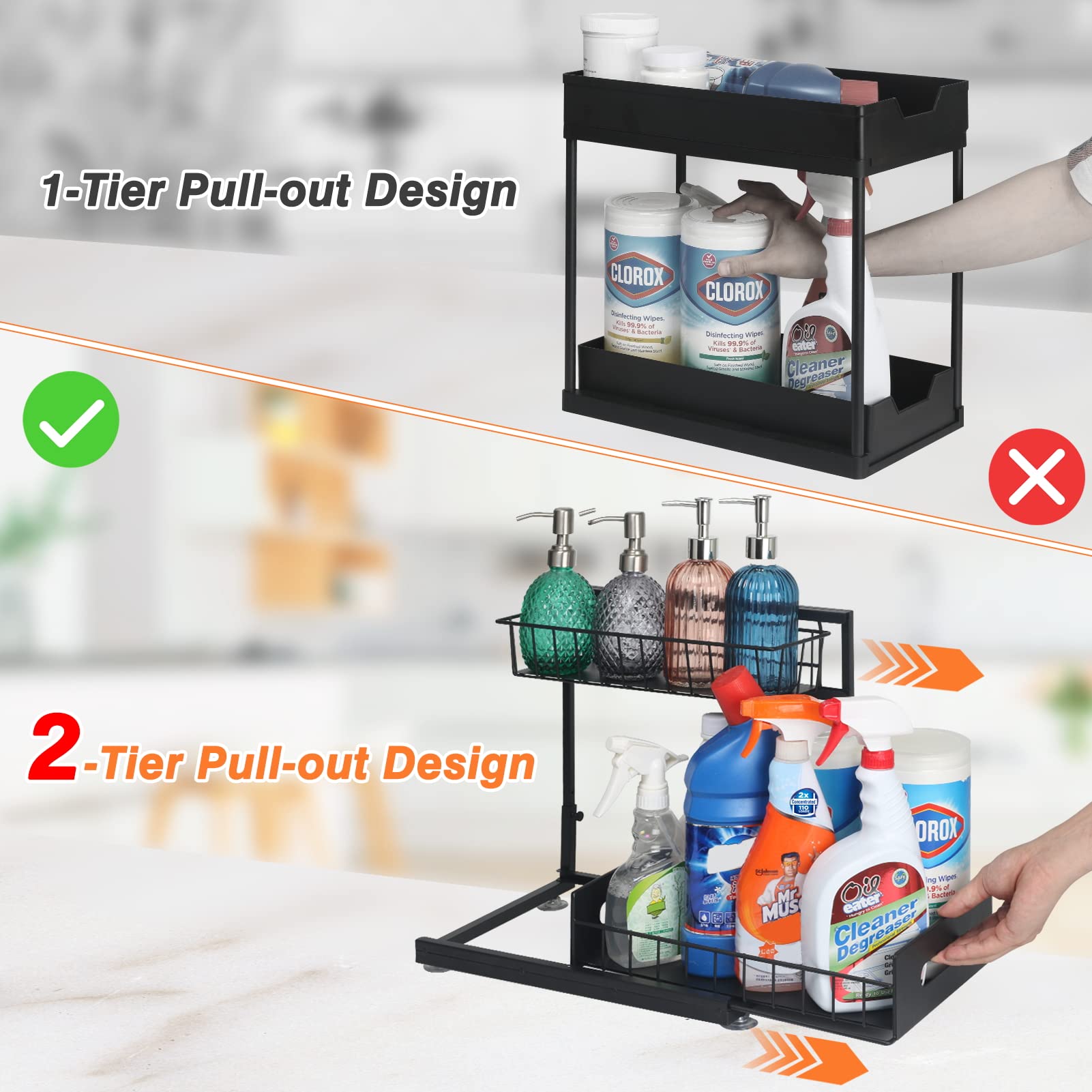 Haturi Under Sink Organizer, 2 Tier Sliding Shelves & Height Adjustable Under Cabinet Storage, Metal Pull Out Shelf and Non-Slip Feet Under Cabinet Sink Organizers and Storage for Kitchen Bathroom