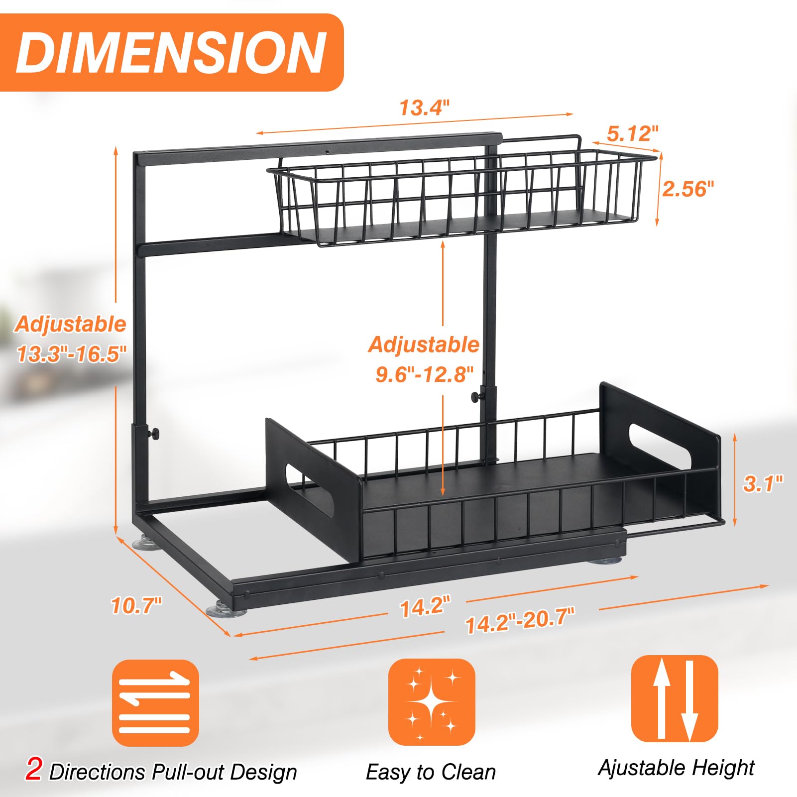 Haturi Under Sink Organizer, 2 Tier Sliding Shelves & Height Adjustable Under Cabinet Storage, Metal Pull Out Shelf and Non-Slip Feet Under Cabinet Sink Organizers and Storage for Kitchen Bathroom