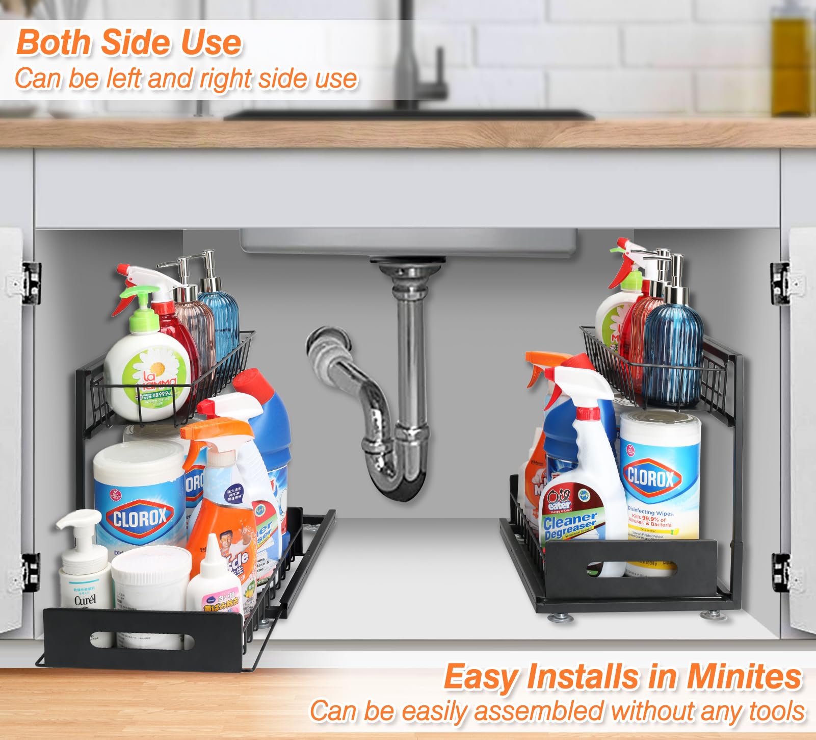 Haturi Under Sink Organizer, 2 Tier Sliding Shelves & Height Adjustable Under Cabinet Storage, Metal Pull Out Shelf and Non-Slip Feet Under Cabinet Sink Organizers and Storage for Kitchen Bathroom