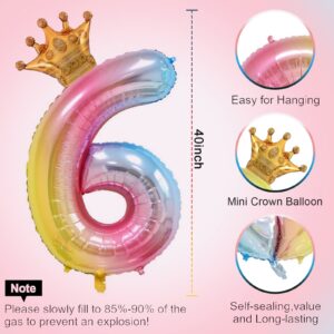 40 Inch Rainbow Gradient Number 6 & Mini Crown Balloon for Birthday Party Decorations, 6th Birthday Party Decorations, Baby Shower Anniversary Balloons Decorations Supplies