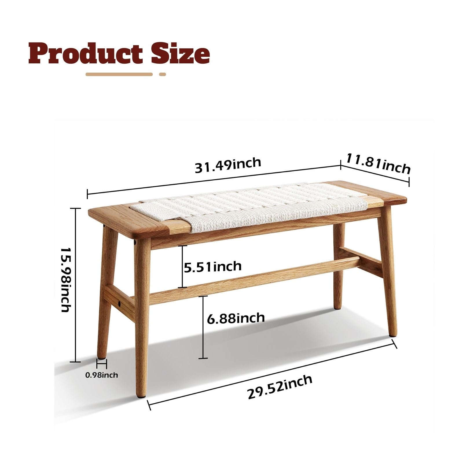 Vadisun 100% Solid Oak Wood Bench,Hand Woven Chair Surface Design,Solid Structure of Chair Legs,Bedroom Bench/Entryway Bench/Dining Bench (Off-White,31.49”*11.81”*15.98”)