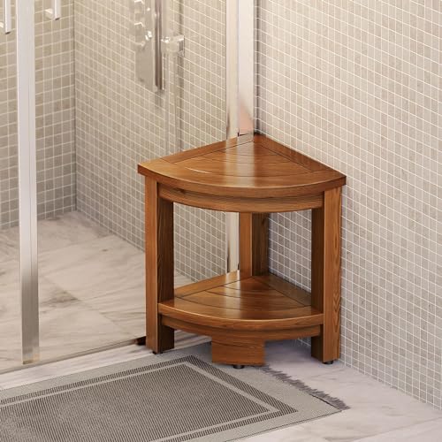 TEAKMAMA 16.5" Teak Corner Shower Bench for Shaving Legs,Corner Shower Stool with Shelf,Sturdy Teak Wood Seat Fits Nicely into Your Shower Corner - Space Saving,Waterproof,Easy to Assemble