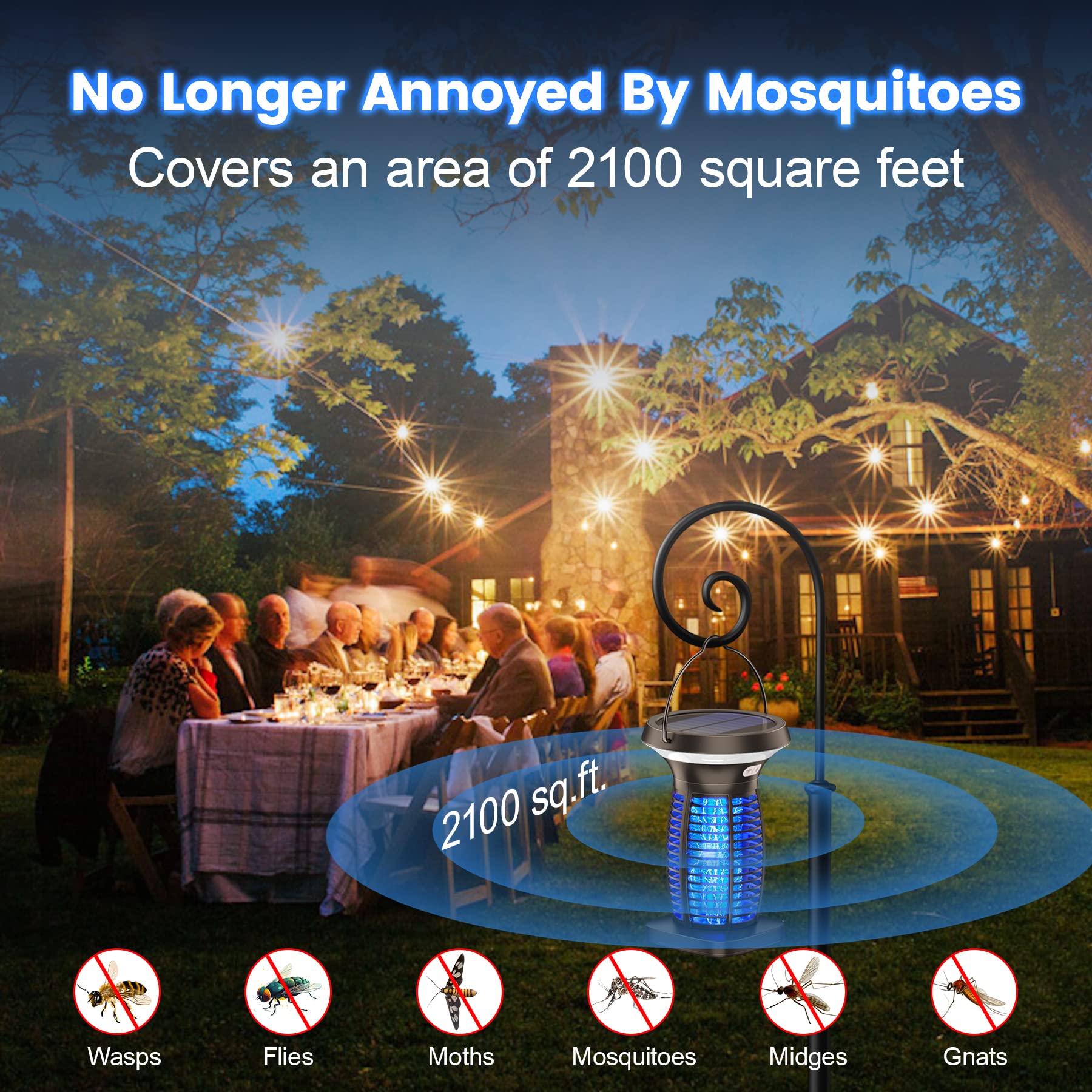 Zechuan Solar Bug Zapper Outdoor Waterproof, High Powered Pest Control Electric Mosquito Zapper Killer Indoor, Rechargeable Insect Trap Fly Zapper for Home, Patio, Backyard, Camping