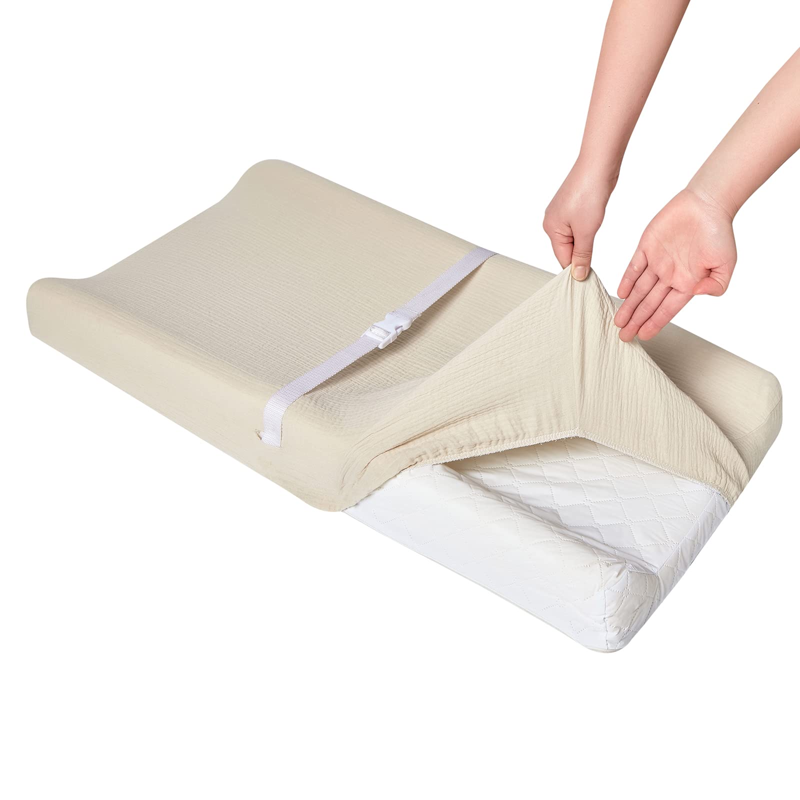 Solid Muslin Changing Table Pad Cover Cradle Sheet, Fits 32"/34''x16" Contoured Diaper Changing Pad, Ultra Soft Cozy Muslin Cotton Changing Table Covers, Breathable Wipeable Removable (Sand)