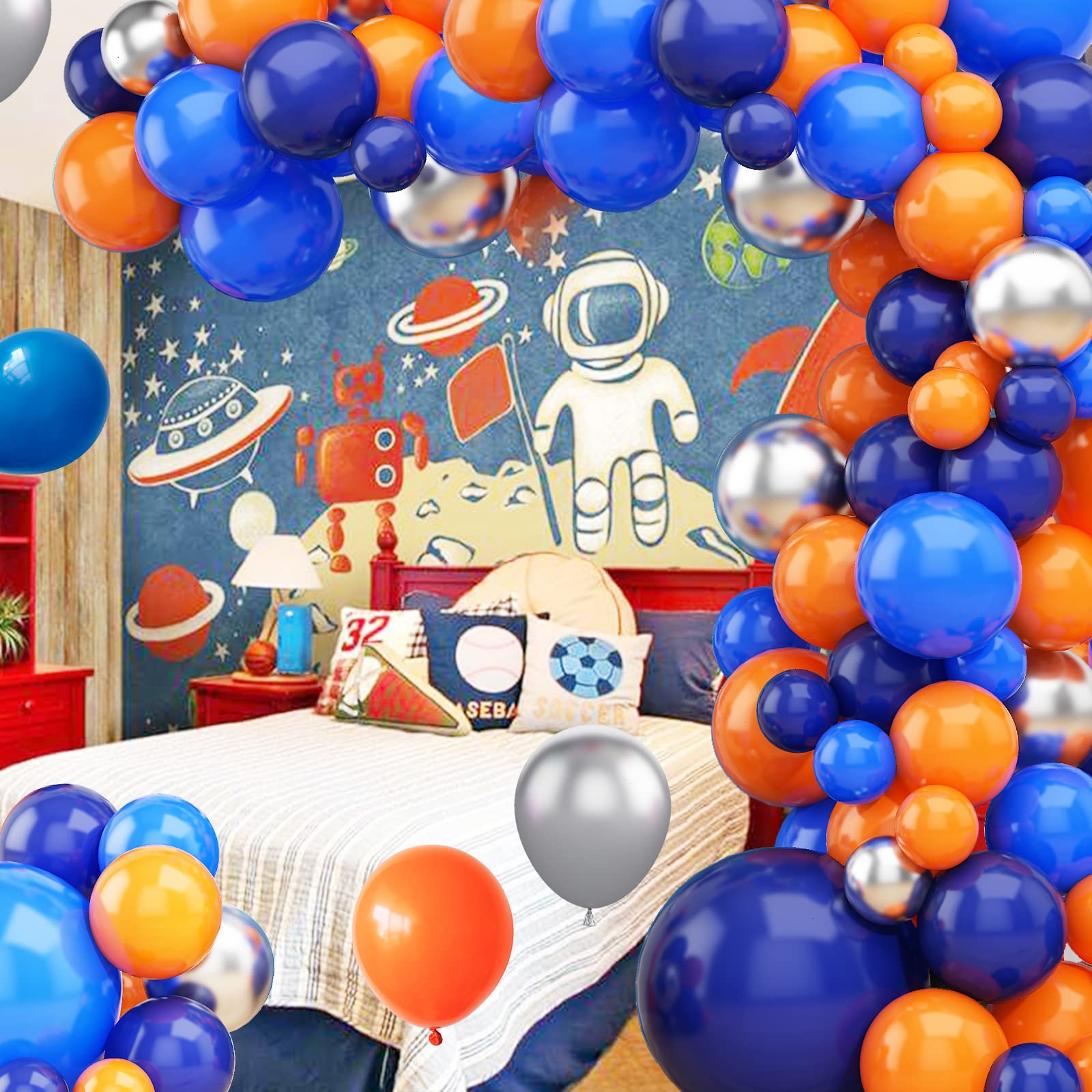 Blue and Orange Balloons Garland Arch Kit, Navy Blue Balloon Arch Kit, Blue Orange Silver Latex Balloons Party Balloons for Boy Space Party Birthday Baby Shower Graduation Anniversary Decorations