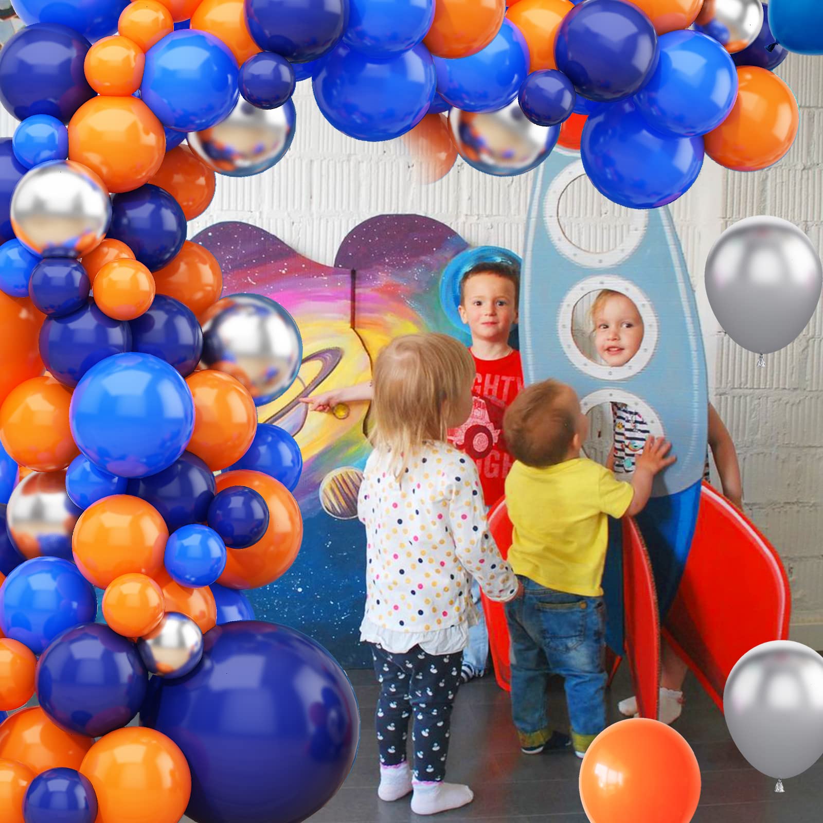 Blue and Orange Balloons Garland Arch Kit, Navy Blue Balloon Arch Kit, Blue Orange Silver Latex Balloons Party Balloons for Boy Space Party Birthday Baby Shower Graduation Anniversary Decorations