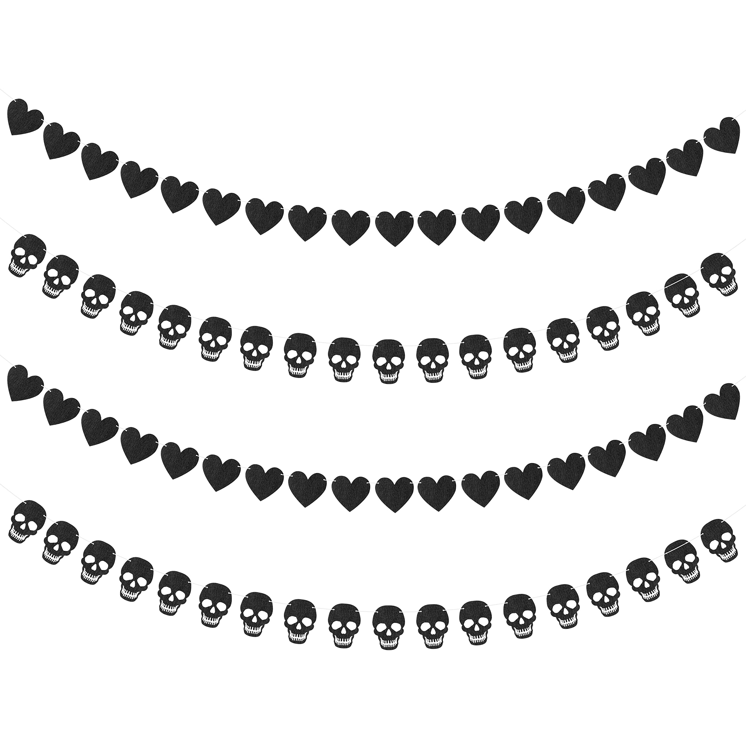 K1tpde 4PCS Gothic Black Heart Skull Garland Banner Kits Black Felt Heart Garland Banner for Valentines Black Felt Skull Garland Banner for Gothic Birthday Party Decorations Halloween Home Decor