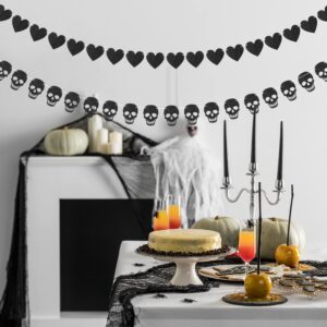 K1tpde 4PCS Gothic Black Heart Skull Garland Banner Kits Black Felt Heart Garland Banner for Valentines Black Felt Skull Garland Banner for Gothic Birthday Party Decorations Halloween Home Decor