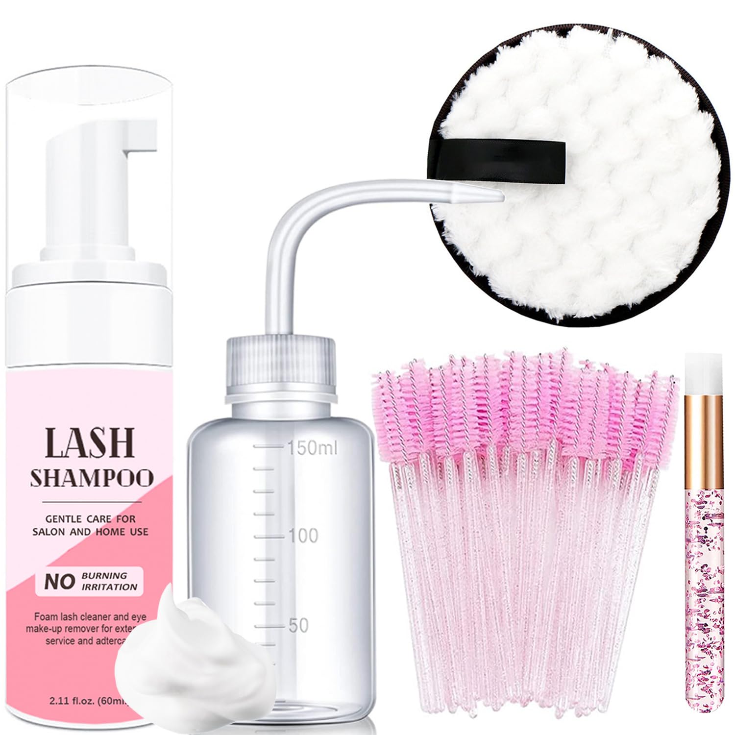 AREMOD 50ml Eyelash Extension Cleanser, Lash Shampoo for Lash Extensions 50pcs Eyelash Brush Cleaning Brush Makeup Remover Pad and Rinse Bottle for Lash Cleaning for Salon Home Use（Pink）