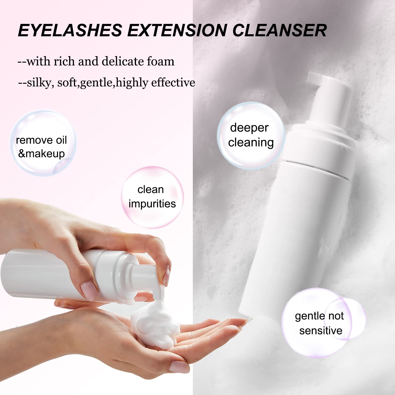 AREMOD 50ml Eyelash Extension Cleanser, Lash Shampoo for Lash Extensions 50pcs Eyelash Brush Cleaning Brush Makeup Remover Pad and Rinse Bottle for Lash Cleaning for Salon Home Use（Pink）