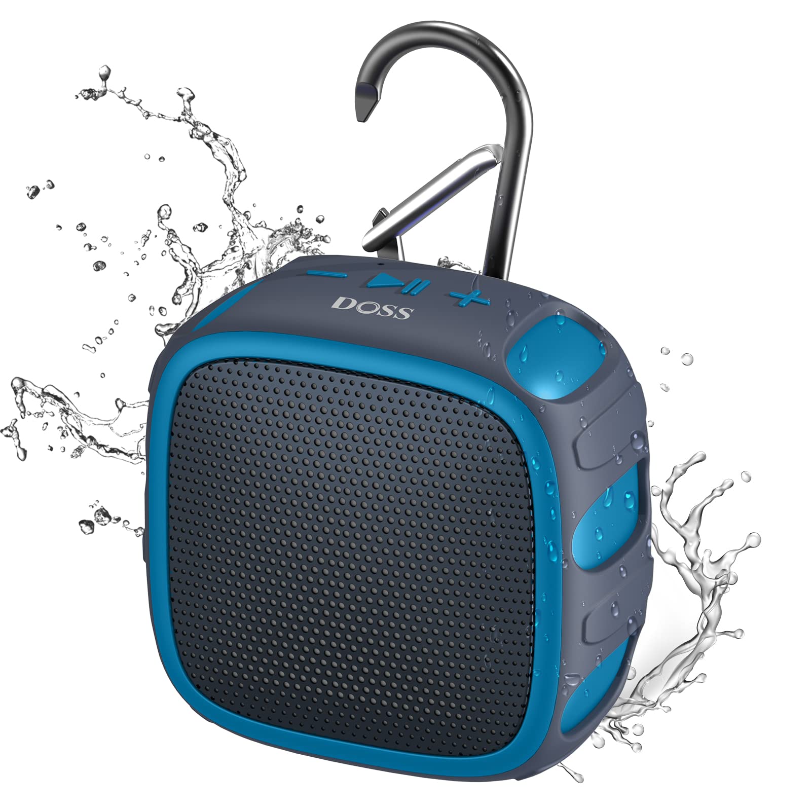 DOSS Waterproof Bluetooth Speaker with Big Sound, 22H Playtime, IP67 Rated Waterproof and Dustproof, Durable Carabiner, Portable Outdoor Speaker for Beach, Camping, Hiking, Backpack, Shower-Blue