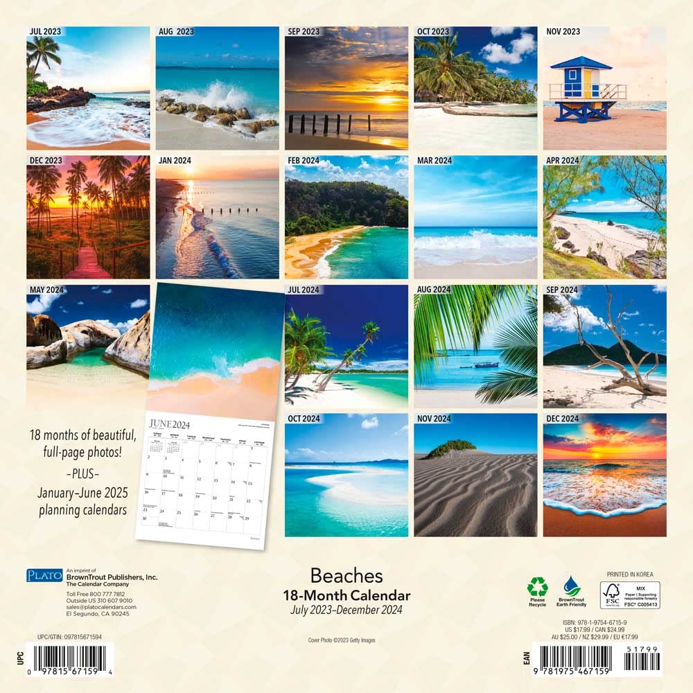 Beaches | 2024 12 x 24 Inch 18 Months Monthly Square Wall Calendar | Foil Stamped Cover | July 2023 - December 2024 | Plato | Travel Nature Tropical