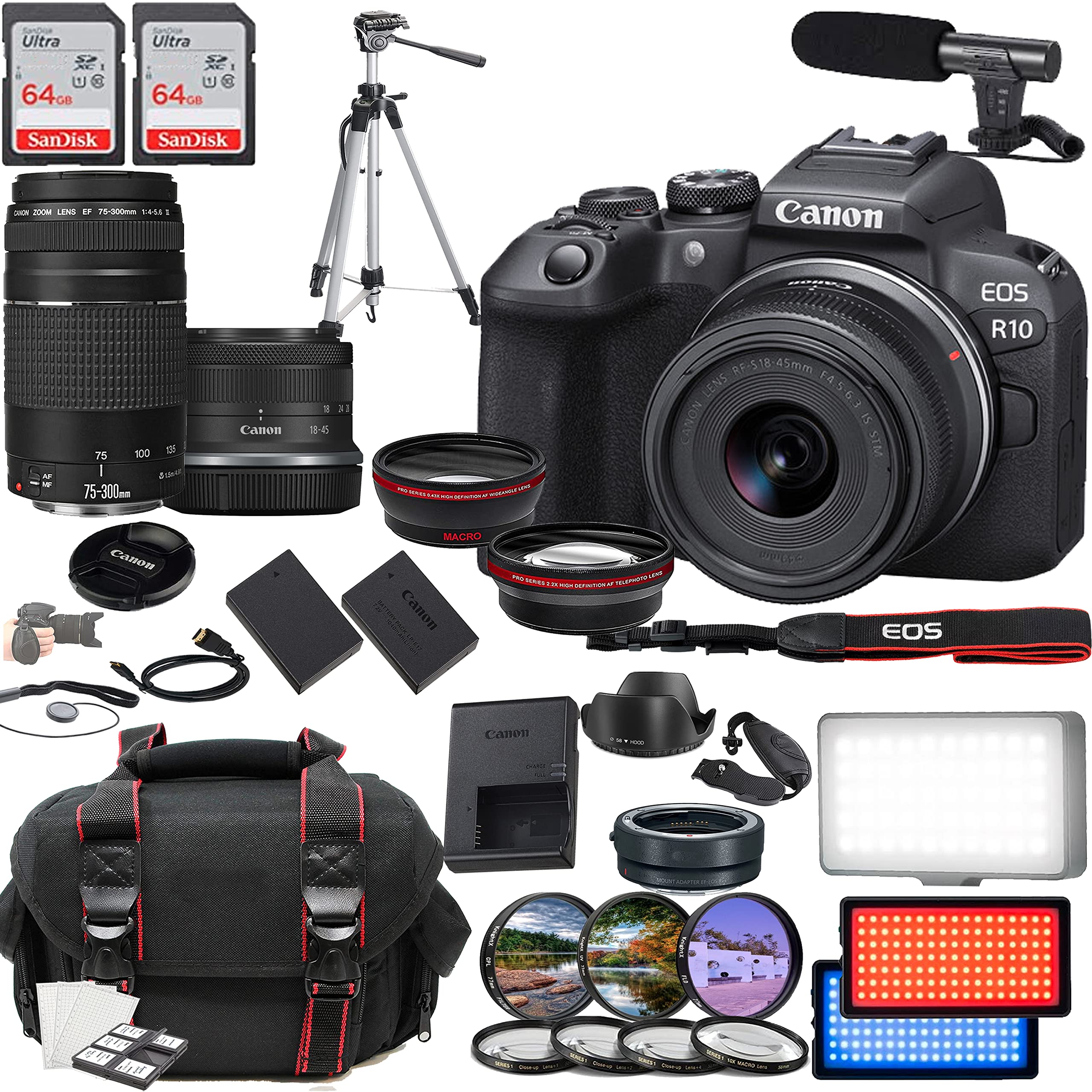 Canon EOS R10 Mirrorless Camera, Including RF-S 18-45mm f/4.5-6.3 is STM, EF 75-300mm f/4-5.6 III Lenses, 2X 64GB Memory Cards, Microphone, LED Video Light & More (35pc Bundle)