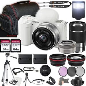 sony zv-e10 mirrorless camera (white) w/e pz 16-50mm f/3.5-5.6 oss lens + e 55-210mm f/4.5-6.3 oss lens + 2x 64gb memory + case + filters + tripod & more (35pc bundle)