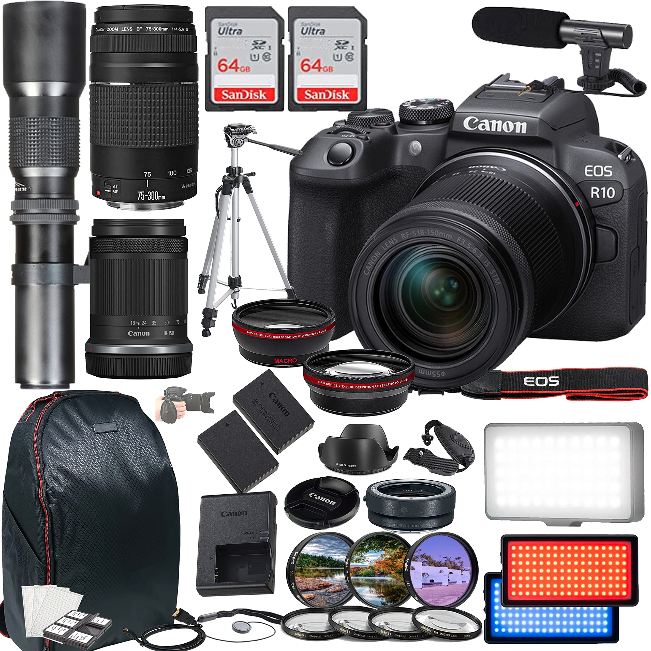 Canon EOS R10 Mirrorless Camera, Including RF-S 18-150mm f/3.5-6.3 is STM, EF 75-300mm f/4-5.6 III & 500mm f/8 Focus Lenses, 2X 64GB Memory Cards, Microphone, LED Video Light & More (35pc Bundle)