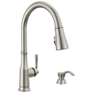 delta faucet capertee brushed nickel kitchen faucet with soap dispenser, kitchen faucets with pull down sprayer, kitchen sink faucet with magnetic docking spray head, spotshield 19877z-spsd-dst