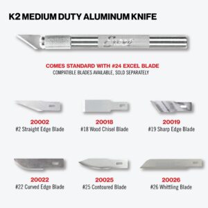 Excel Blades K2 Medium Duty Aluminum Hobby Knife with #24 Blade, Made in the USA, Precision Cutting Tool for Crafting with Cardstock, EVA Foam, Wood, Leather, Craft Knife Bulk Set of 3