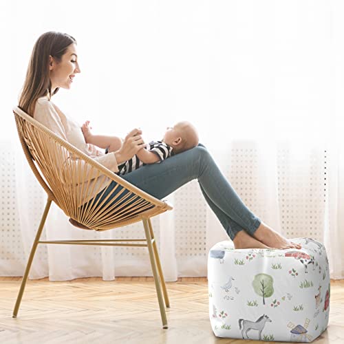 Sweet Jojo Designs Farm Animals Boy Girl Ottoman Pouf Cover Unstuffed Poof Floor Footstool Square Cube Pouffe Storage Baby Nursery Kids Room Gender Neutral Watercolor Farmhouse Barn Horse Nature White