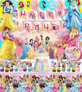 princess birthday party supplies for 24 guests, princess birthday decoration include happy birthday banner, balloons, aluminum film balloon, backdrop, cake topper, tableware, hanging decoration