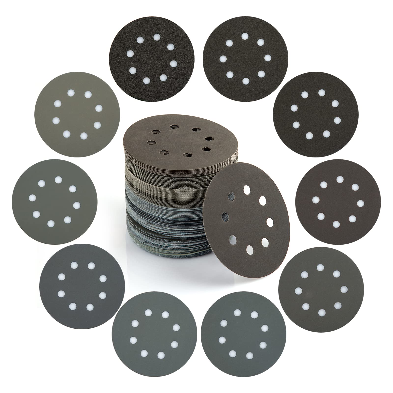 100pcs 5 Inch Sanding Discs Wet Dry Hook & Loop 8 Holes 60 120 240 400 600 800 1000 1500 2000 5000 Grit Orbital Sandpaper