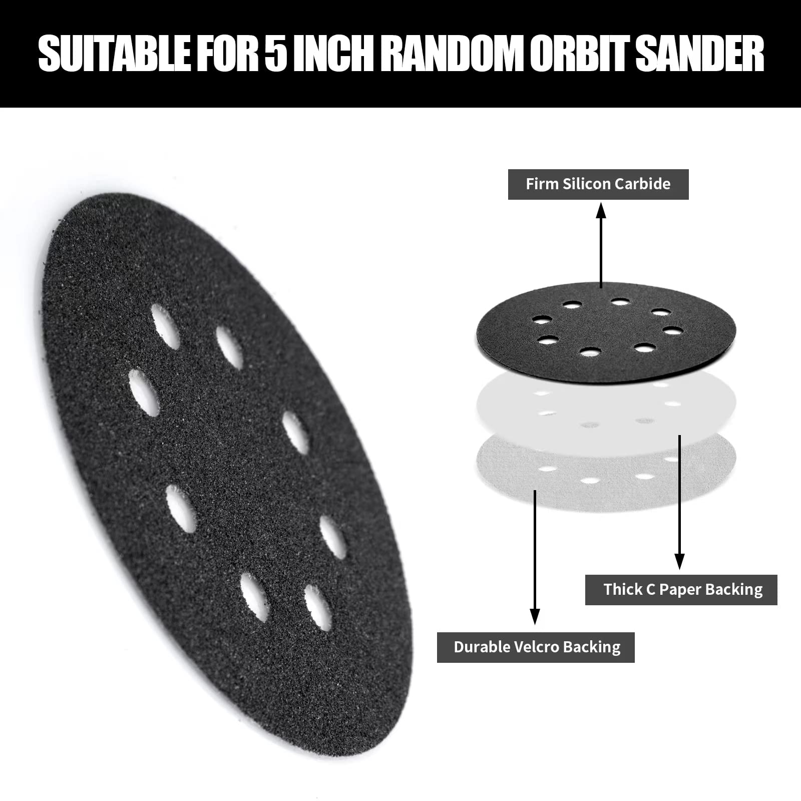 100pcs 5 Inch Sanding Discs Wet Dry Hook & Loop 8 Holes 60 120 240 400 600 800 1000 1500 2000 5000 Grit Orbital Sandpaper