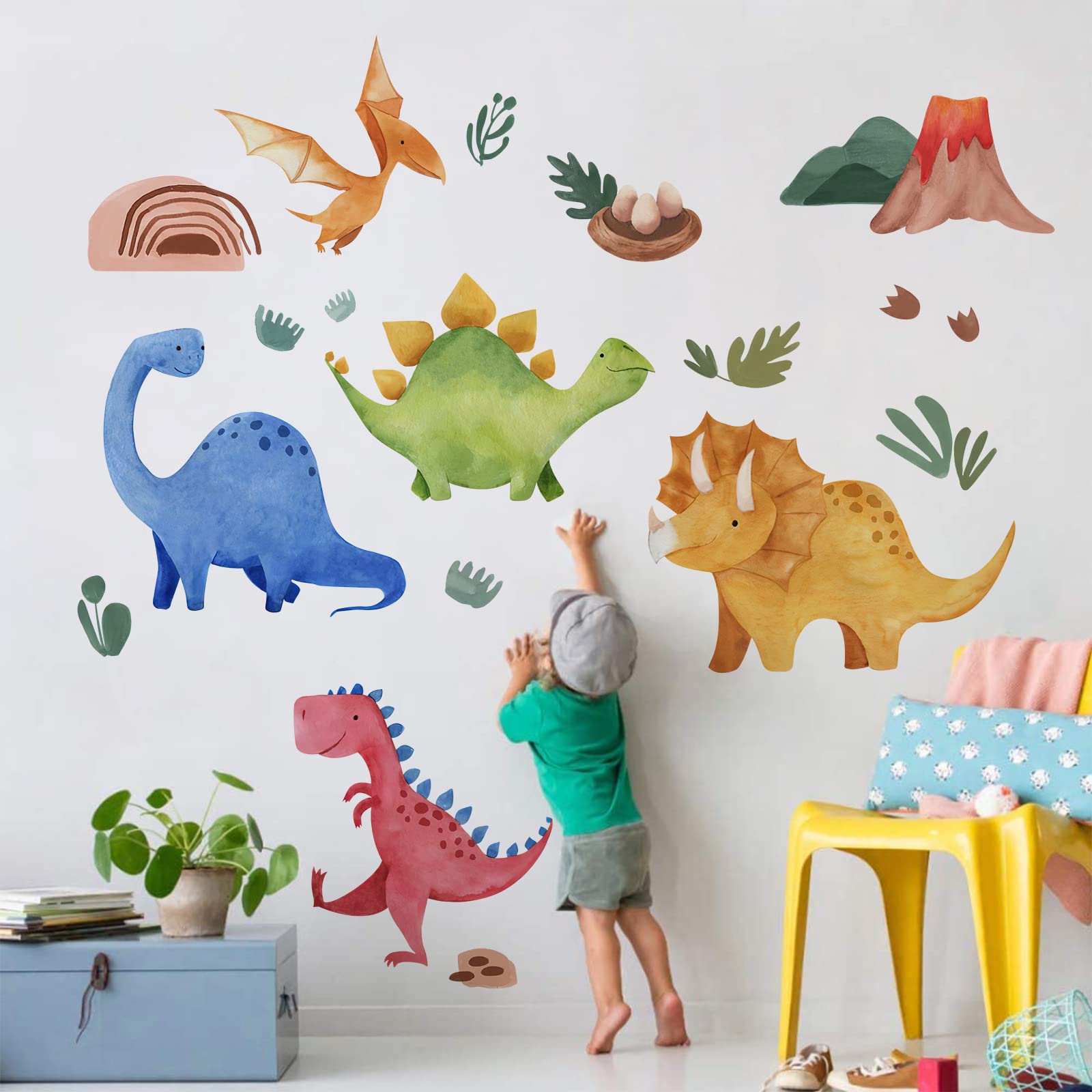 Yovkky Baby Dinosaur Wall Decals Stickers, Dino Volcano Cave Neutral Nursery Toddler Playroom Decor, Kids Room Home Decorations Girls Boys Bedroom Classroom Daycare Art