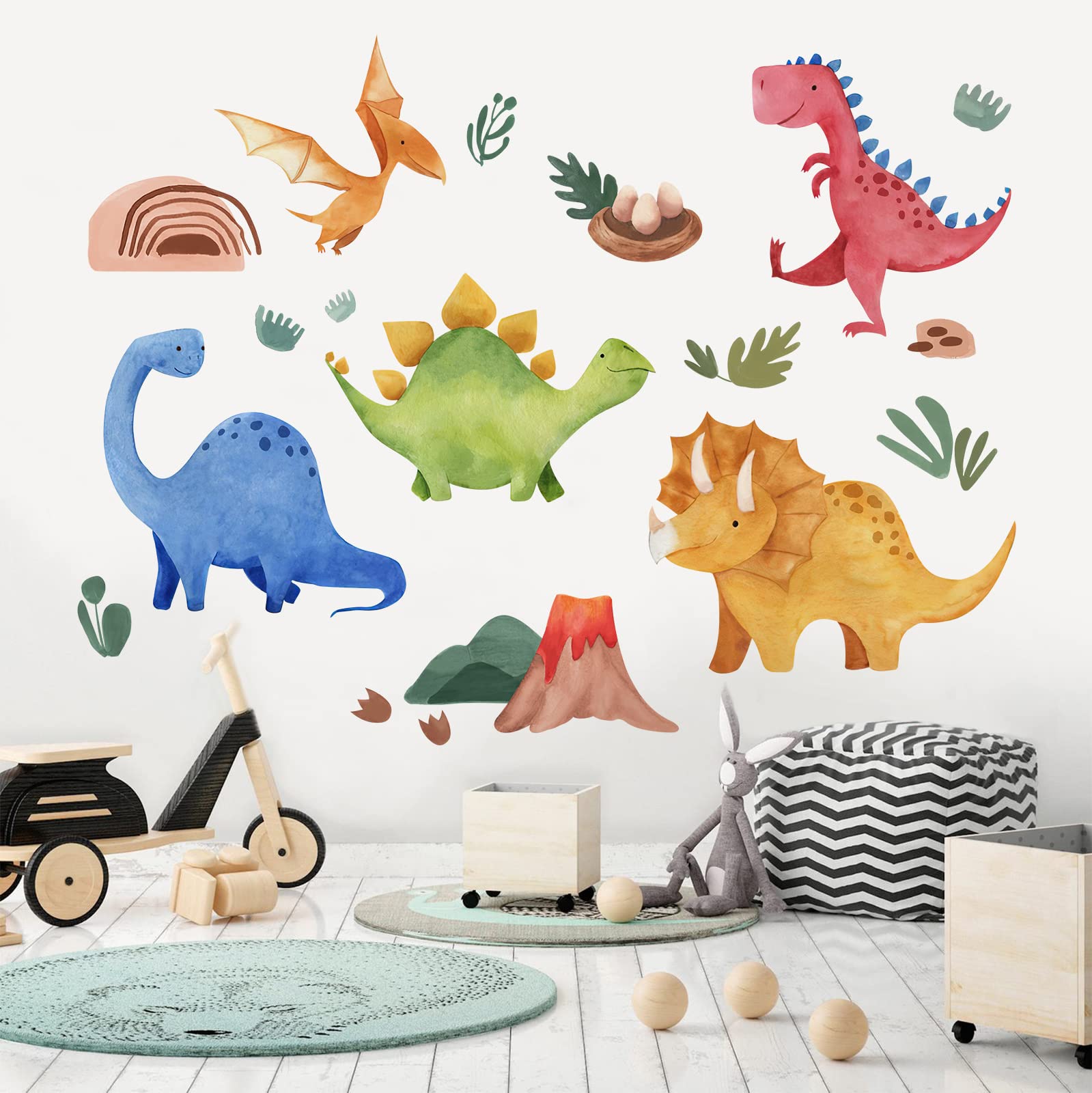 Yovkky Baby Dinosaur Wall Decals Stickers, Dino Volcano Cave Neutral Nursery Toddler Playroom Decor, Kids Room Home Decorations Girls Boys Bedroom Classroom Daycare Art